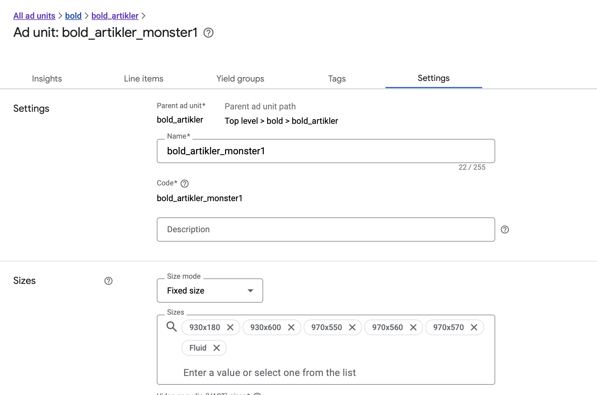 Adding sizes to ad units in Google Ad Manager